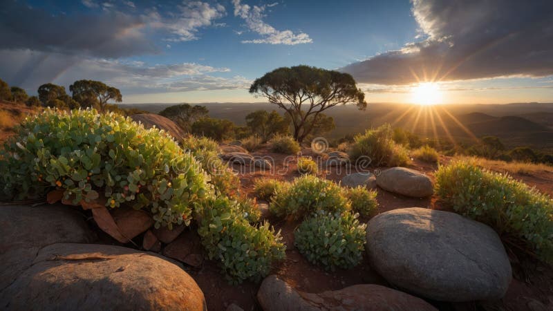 Golden Sunset Over Outback Landscape with Boulders and Low-Lying ...
