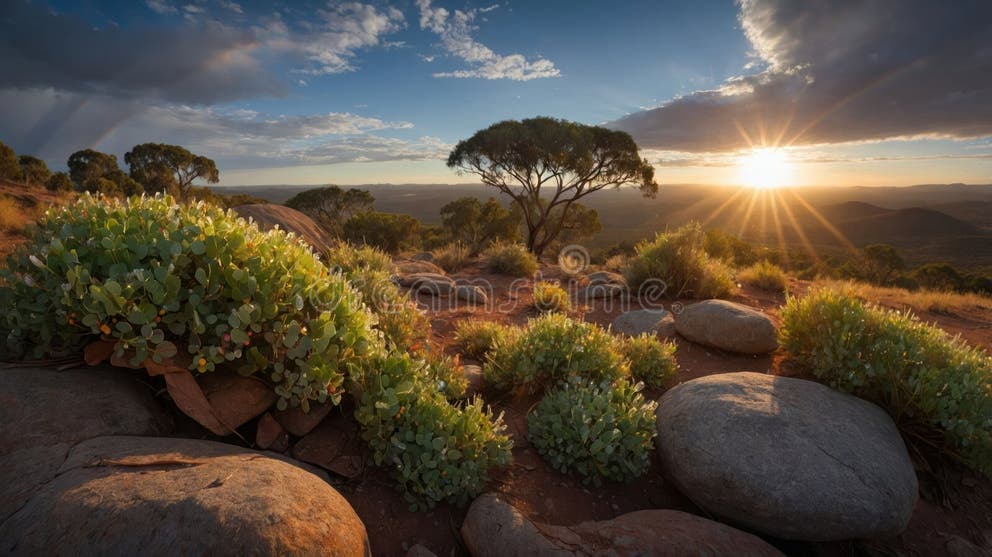 Golden Sunset Over Outback Landscape with Boulders and Low-Lying ...