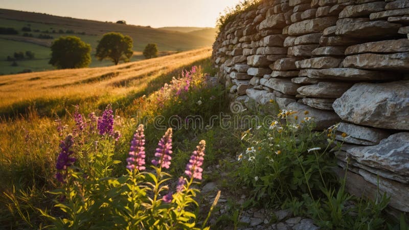 Golden Hour Meadow Landscape with Stone Wall and Lupines Stock ...