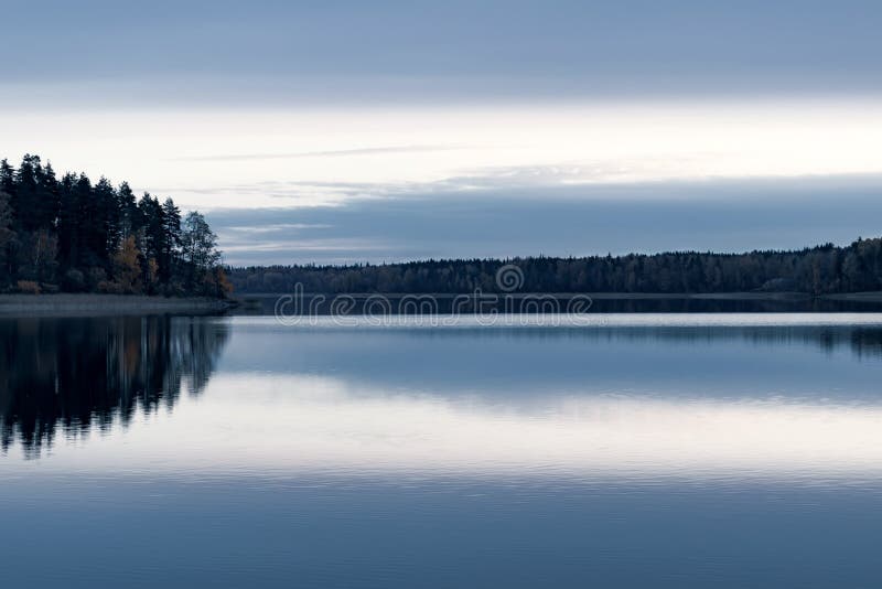 Serene Landscape. Sunset on the Lake, Calm Water Surface, Symmetrical ...