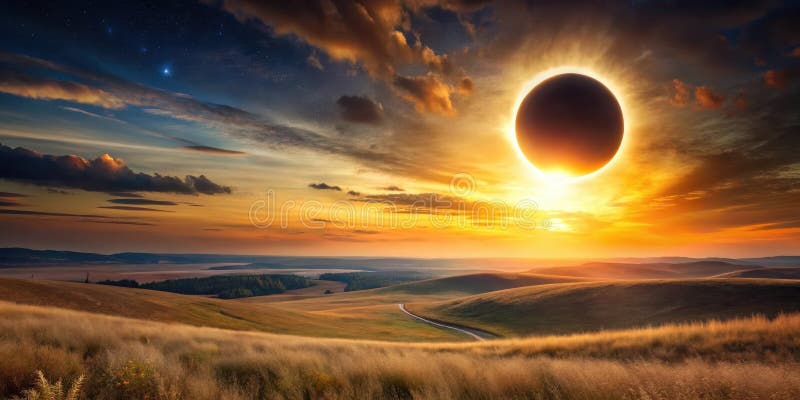 Serene Landscape at Sunset with a Total Solar Eclipse. Generative AI ...