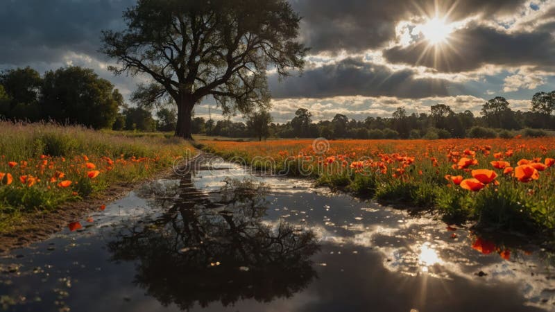 Serene Poppy Field Landscape with Sunlit Puddle and Majestic Tree Stock ...