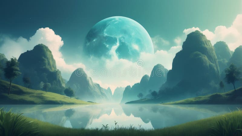 A Serene Landscape with a Turquoise Moon Stock Illustration ...