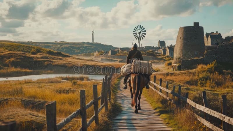 A Serene Landscape Unfolds As a Lone Rider Traverses a Rustic Path. Rolling Hills and Ancient ...