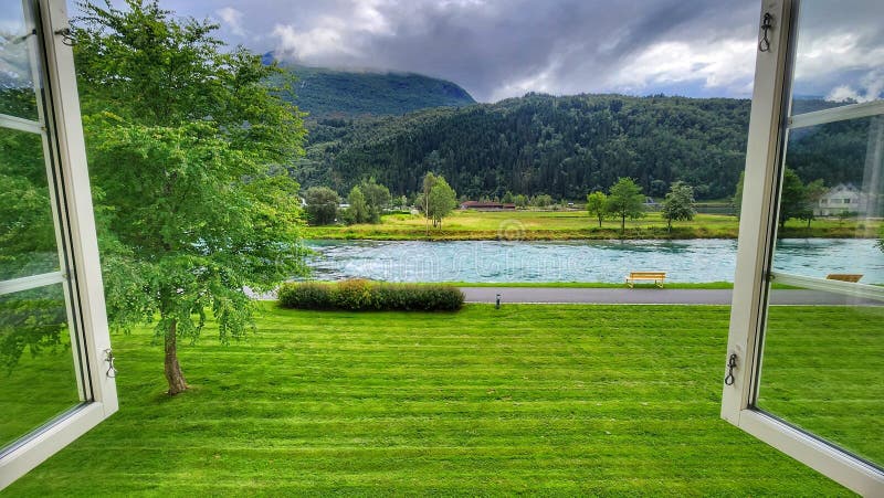 Serene Landscape View from Open Window Stock Image - Image of scenic ...
