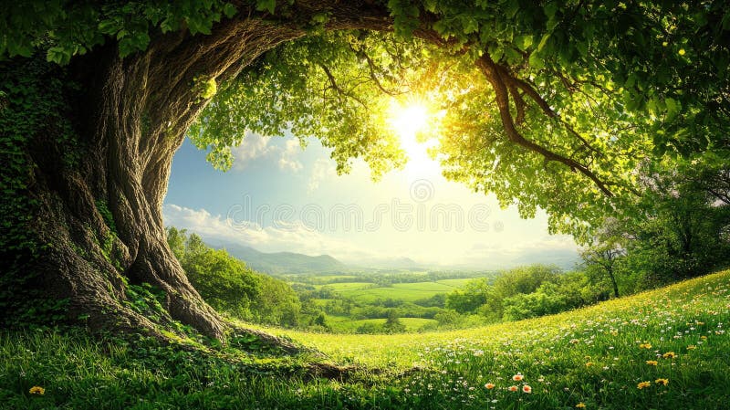 Serene Landscape View through Tree Frame on a Bright Sunny Day Stock ...