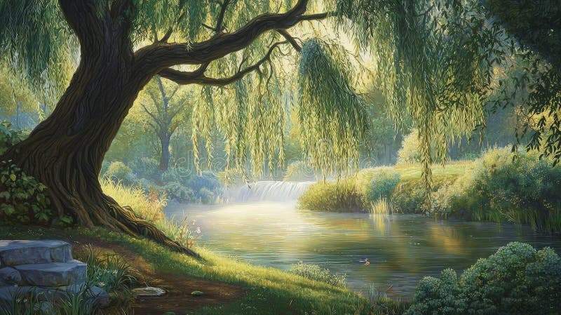 A Serene Landscape with a Weeping Willow Tree Framing a Tranquil River ...
