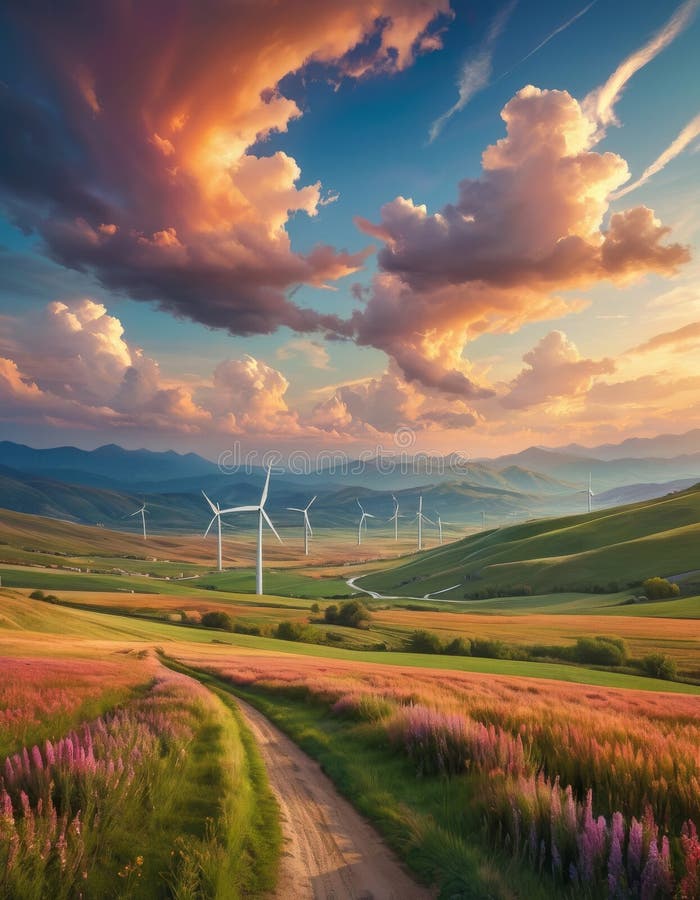 Pastoral Wind Farm at Sunset Stock Image - Image of serene, dusk: 314204879