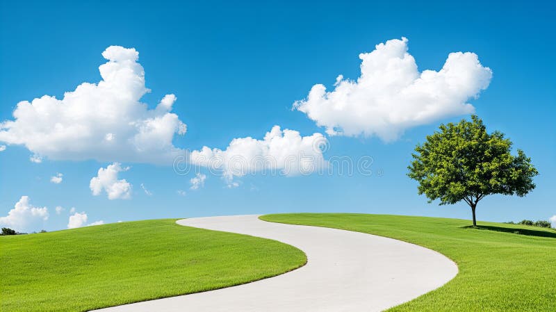 Serene Landscape with Winding Path and Lone Tree Under Blue Sky Stock ...