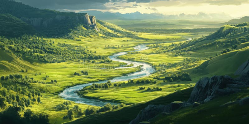 Serene Landscape with Winding River through Lush Green Valley and ...