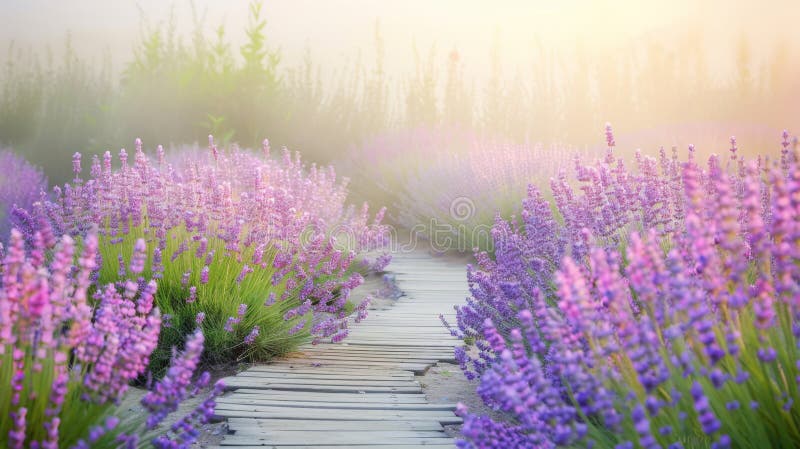 Serene Lavender Field Pathway at Dawn with Mist Stock Photo - Image of ...
