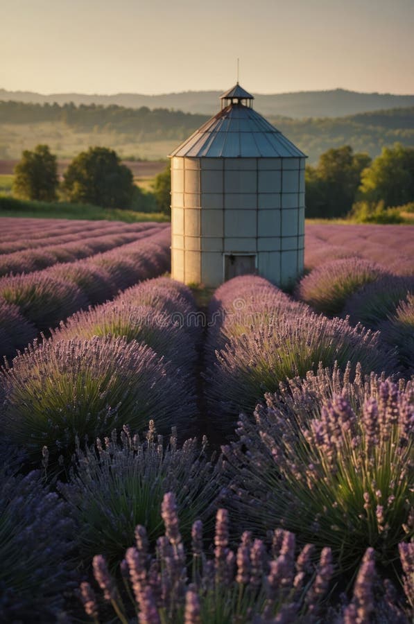 Serene Lavender Field with Rustic Grain Silo at Sunset Stock ...