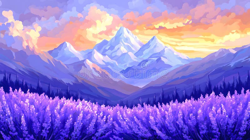 Serene Lavender Field at Sunset with Majestic Mountain Range in the ...