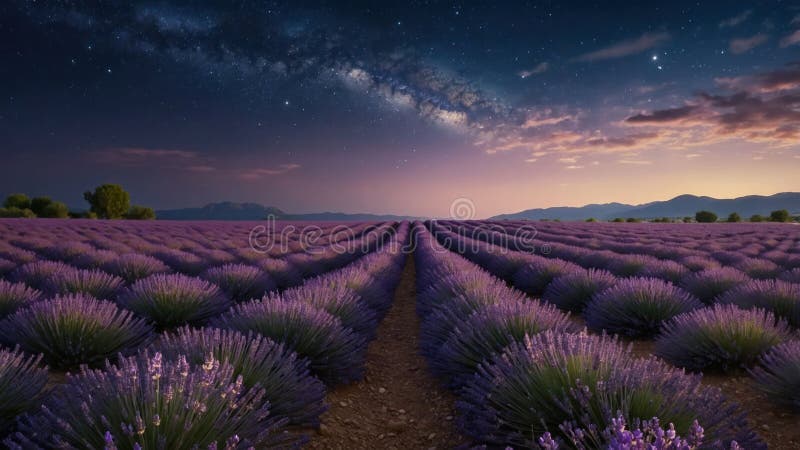 Lavender Field at Night with Milky Way Stock Illustration ...