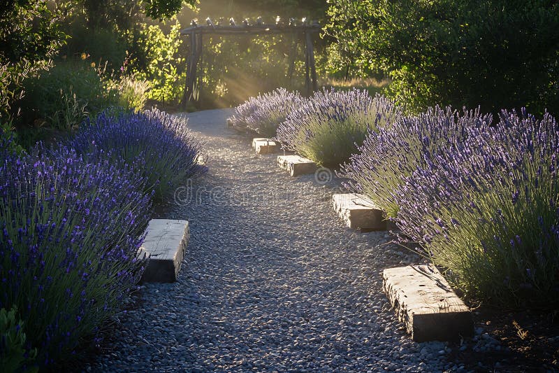 Serene Lavender Garden Path with Sunlit Stone Benches a Tranquil Gravel ...
