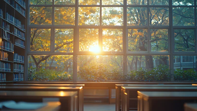 A Serene Library Bathed in Warm Morning Light, Inviting Tranquility ...