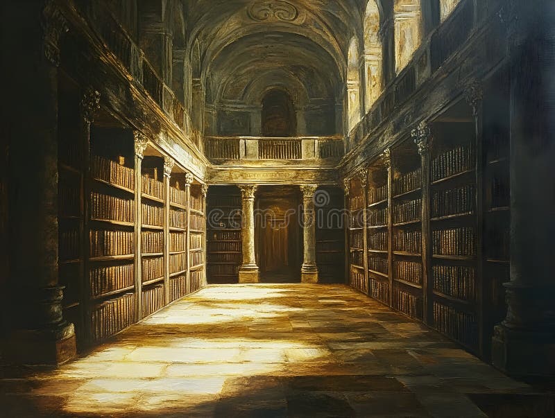 A Serene Library Interior Bathed in Warm Light, Showcasing Tall ...