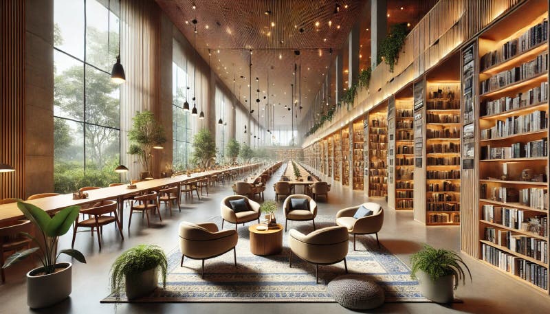Serene Library Interior with Cozy Reading Corners and Gentle Natural ...