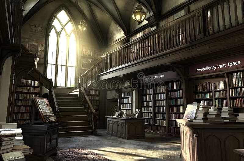 A Serene Library Interior with High Ceilings, Bookshelves, and Warm ...
