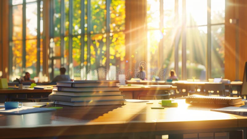 Serene Library Morning with Sun Rays Peeking through Stock Illustration ...