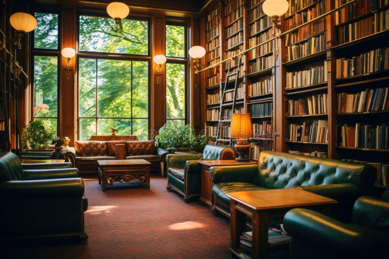 A Serene Library with Readers Immersed in Books in a Peaceful Setting ...