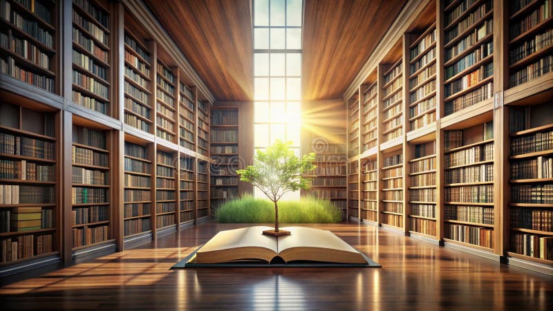 Serene Library Sanctuary a Tree of Knowledge Grows from an Open Book ...