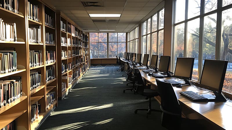 A Serene Library Space with Natural Light and Modern Workstations for ...