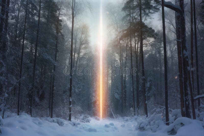 Serene Light Pillar Display Over a Snow-covered Forest Stock ...