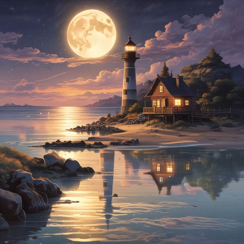 Serene Lighthouse Night Scene with Full Moon Reflection Stock ...