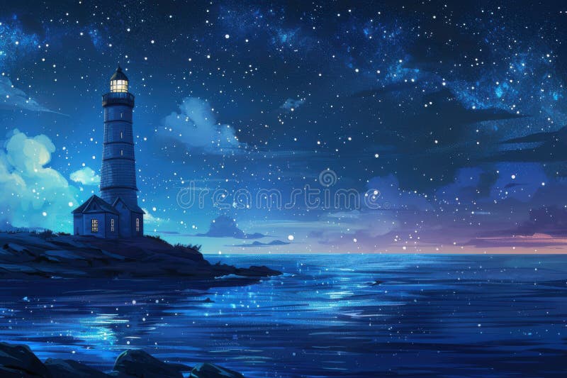 A Serene Lighthouse by the Ocean Under a Starry Night Sky, Reflecting ...