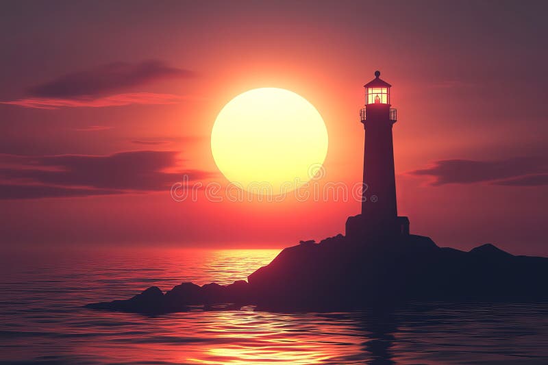 Serene Lighthouse at Sunset with Vibrant Sun and Calm Waters Stock ...