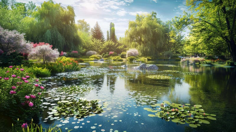 A Serene Lily Pad Pond with Trees in the Backdrop Stock Photo - Image ...