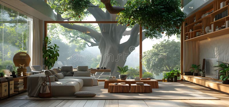 Serene Living Room with Expansive Tree View Stock Illustration ...