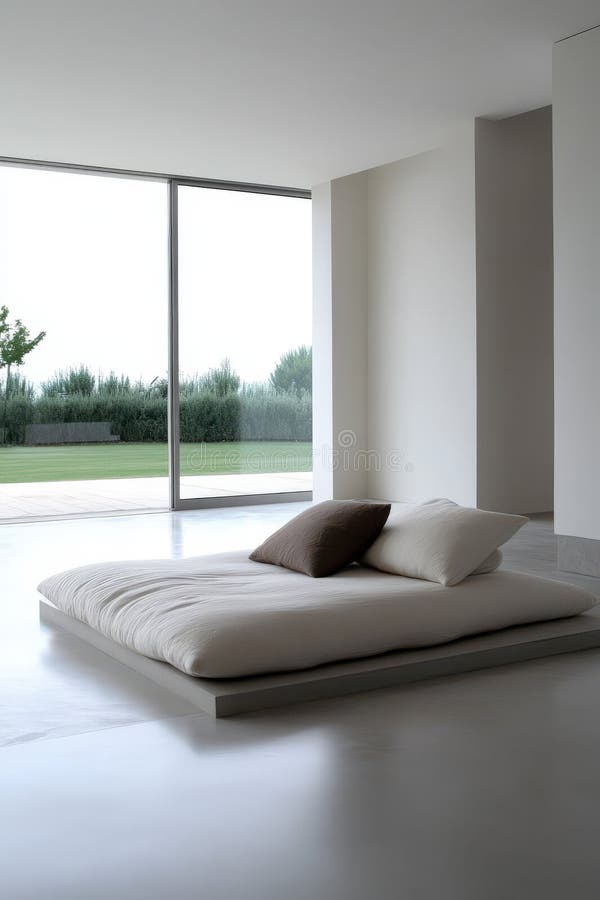 Minimalist Living Room with a Low Platform Bed and Large Windows Stock ...