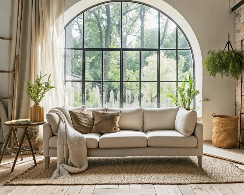 Serene Living Room with a Large Arched Window Stock Image - Image of ...