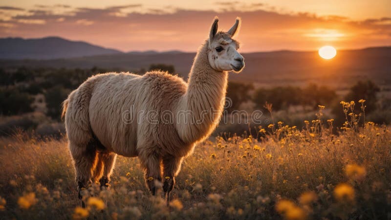 Llama at Golden Sunset in Meadow Stock Illustration - Illustration of ...