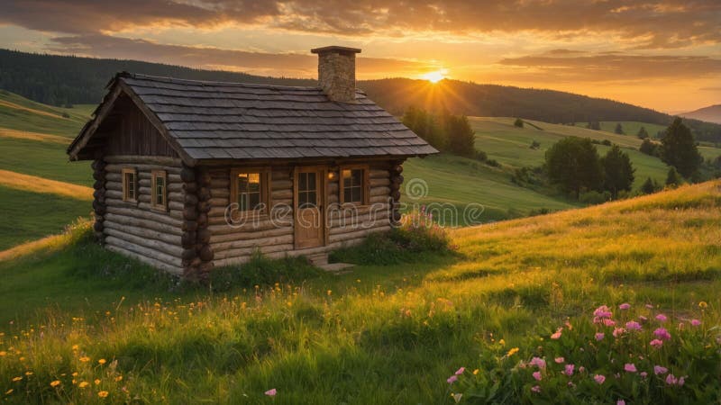 Rustic Log Cabin Sunset Meadow Landscape: Idyllic Mountain Home Stock ...