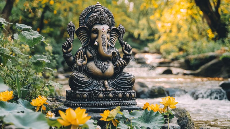 Serene Lord Ganesha Statue Amidst Nature by a Stream Stock Image ...