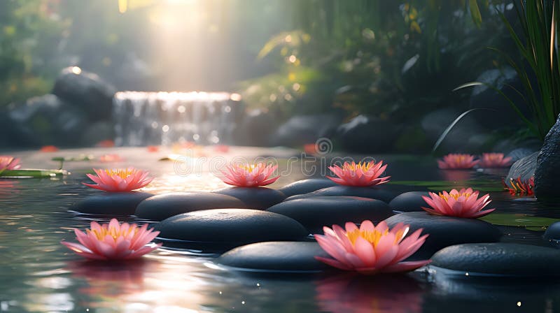Serene Lotus Pond Waterfall Zen Garden Peace Stock Illustration ...