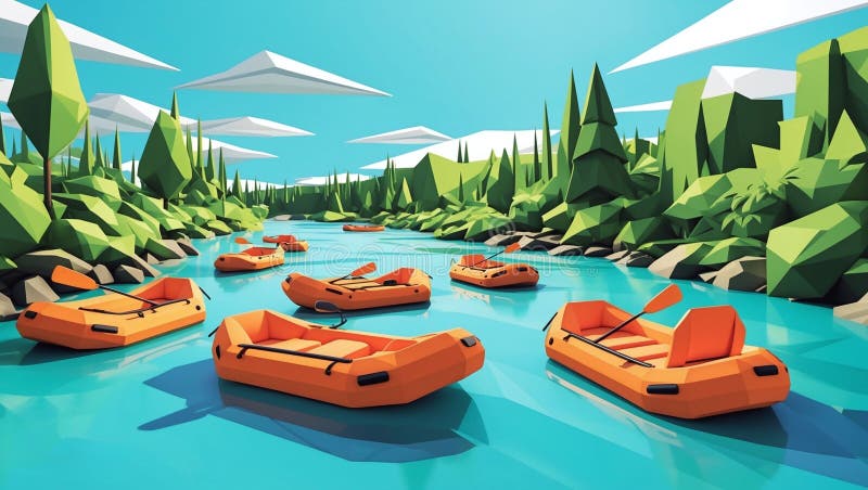 Serene Low Poly River Rafting Scene with Vibrant Rafts and Lush ...