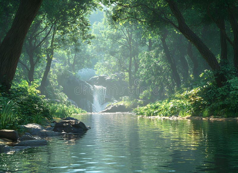 Serene and Lush Forest Stream with Waterfall in Misty Environment Stock ...