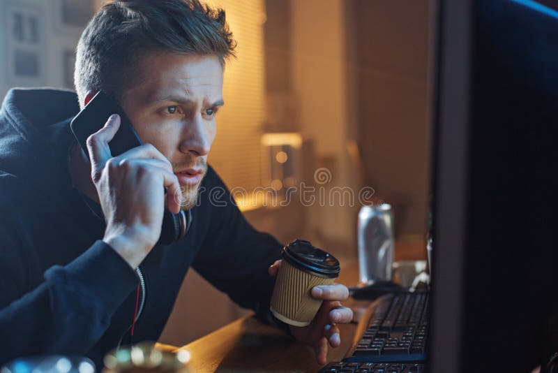 Serene Man Telling by Mobile at Table Stock Photo - Image of appliance ...