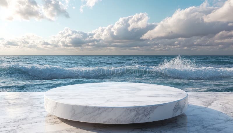 A Serene Marble Platform Overlooking the Tranquil Ocean Waves at Sunset ...