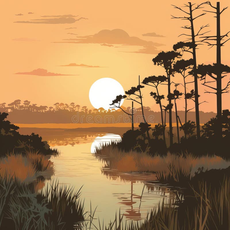 Subtle Marsh Scene Illustration with Tall Tree Silhouettes Stock ...