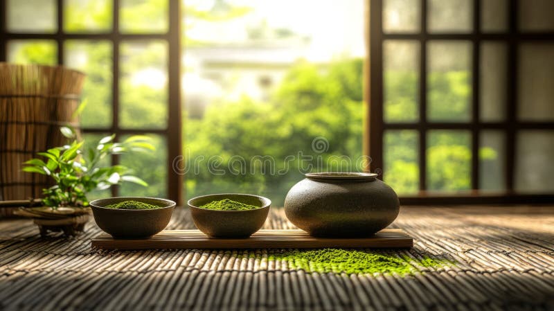 Serene Matcha Tea Ceremony Setup Near Window Stock Illustration ...