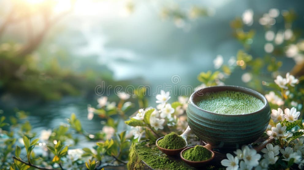 Serene Matcha Tea in Nature Setting - Generative Ai Stock Illustration ...