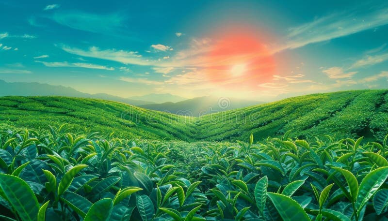 Serene Matcha Tea Plantation Under Red Sun Stock Illustration ...