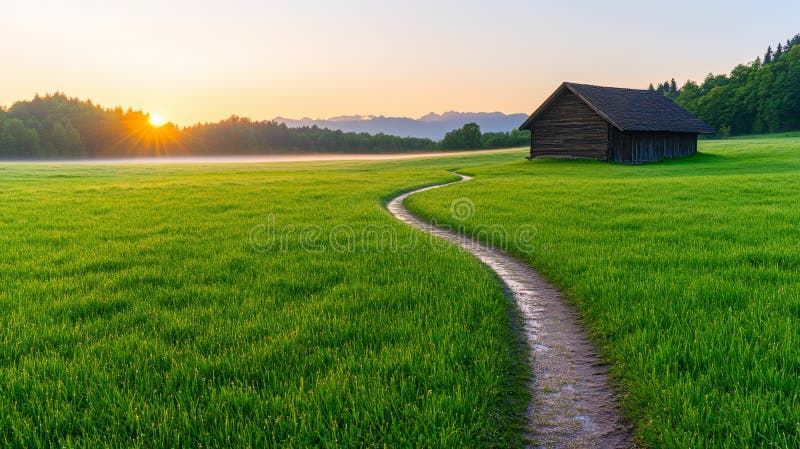 Serene Meadow at Dawn with Winding Trail Leading To Rustic Cabin Stock ...