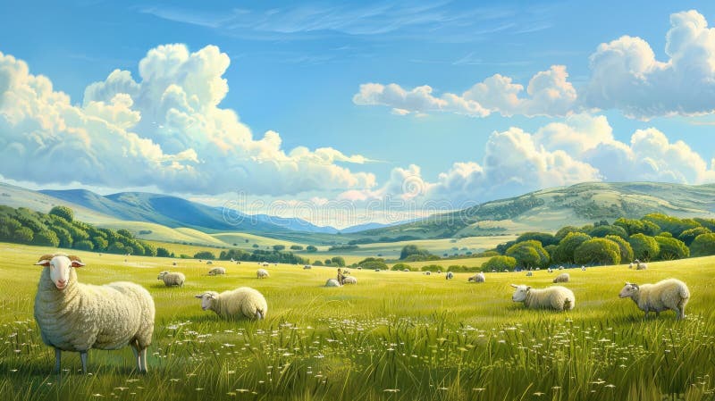 Meadow with Grazing Sheep Generated by AI Stock Image - Image of ghibli ...