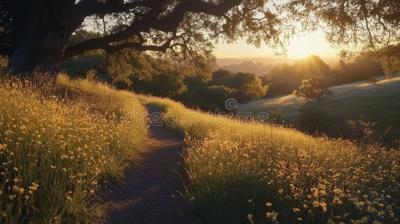 Serene Meadow Pathway at Sunset Stock Image - Image of calm, pathway ...